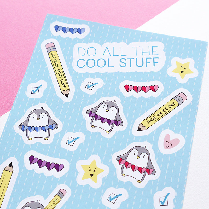 Do Cool Stuff Penguin Sticker Sheet by Sian Shrimpton - The Penguin Patrol